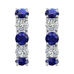 1.18 Carat Blue Sapphire & White Diamond Hoop Earrings in 14K White Gold (SI1-SI2 Clarity)
