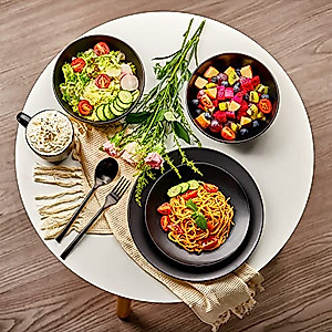 CREATIVELAND Round Stoneware Dinnerware Set Durable Kitchen and Dining,16 Piece Service For 4,Pasta Bowls,Large Salad Bowls,Porcelain Bowl,Wide and Shallow,Microwave and Dishwasher Safe, Matte Black.