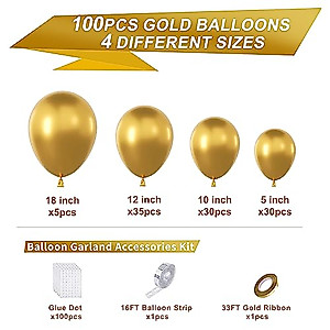 YAOWKY Gold Metallic Chrome Balloon Arch Kit, 100PCS 18In 12In 10In 5In Gold Latex Balloons Garland Arch Kit for Birthday Weddings Anniversary Graduation Gold Themed Party Decorationsarty Decorations