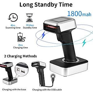 2D 1D QR Barcode Scanner with Screen Display with Charging Base 3 in 1 BT & 2.4GHz Wireless & Wired Connection 1.8 inch TFT Color LCD Screen Compatible with Windows Android Linux for Supermarket