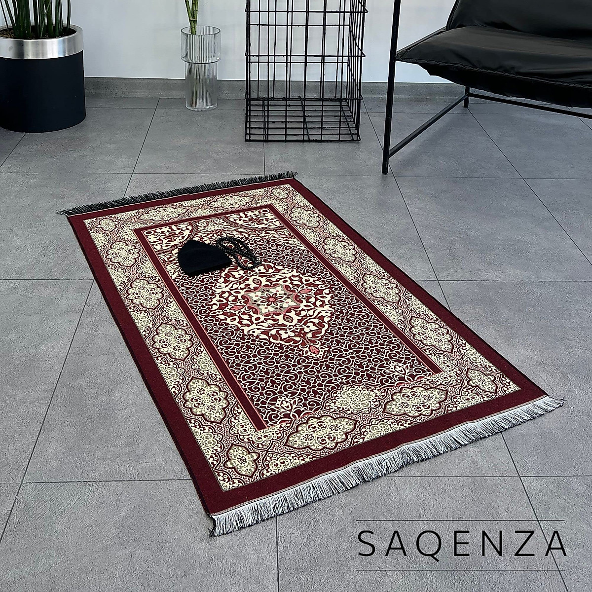 SAQENZA Muslim Prayer Rug Double Sided - Prayer Mat 3 Pieces Set - Gift Kufi Hat - Gift Prayer Beads (99) - Muslim Gifts for Men, Women and Kids