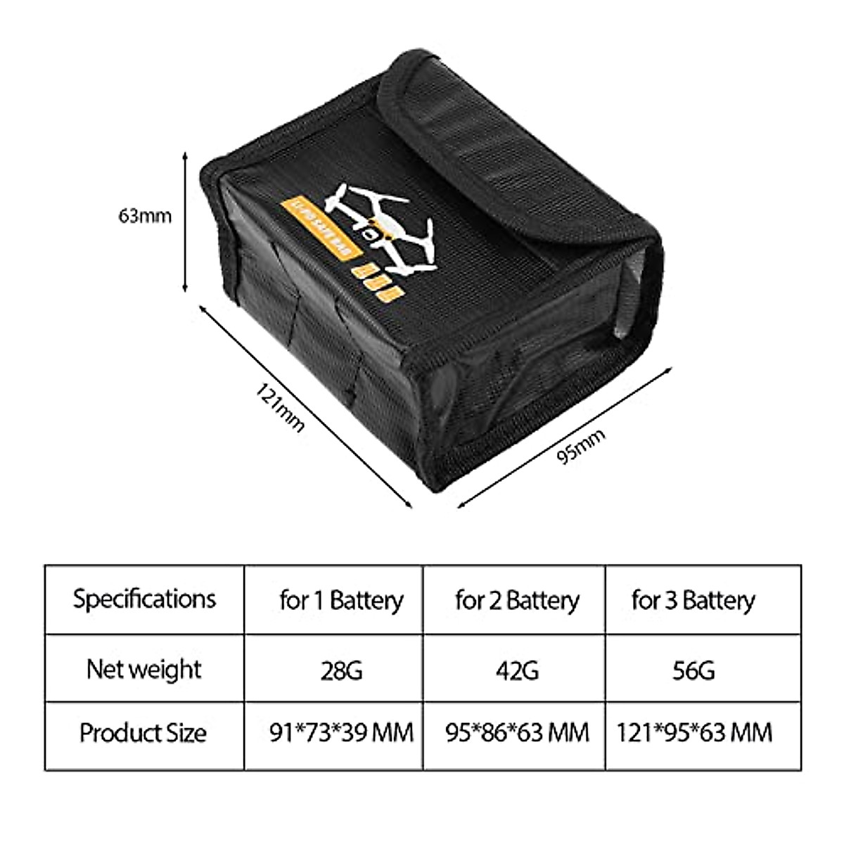 The Lord of the Tools Battery Explosion-proof Safety Bag Compatible with DJI Mini 3 Pro Drone Battery Safety Charging Storage Bag Replacement 121x95x63mm L Size