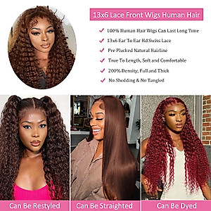 Chocolate Brown Deep Wave Lace Front Wigs Human Hair 13x6 Hd Lace Curly Lace Frontal Wigs for Black Women Human Hair Pre Plucked Wet and Wavy Glueless 4# Brown Colored Wig 16 Inch