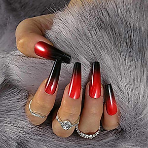 Uranian Coffin Press on Nails Long Black Fake Nails with Designs Ombre Glossy False Nails Full Cover French Tip Nails Halloween Acrylic Nails for Women and Girls (24pcs)