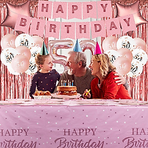 50th Birthday Decorations Women Rose Gold 50 Party Supplies Foil Fringe Curtains,Plates,Napkins,Tablecloth,Forks,Happy Birthday Banner,50th Sash,Cake&Cupcake Toppers,Latex&Foil Balloons