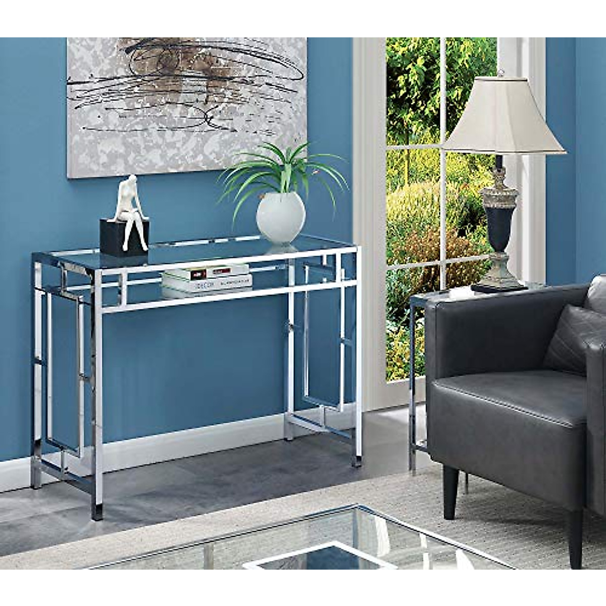 Convenience Concepts Town Square Chrome Desk With Shelf, Clear Glass / Chrome Frame