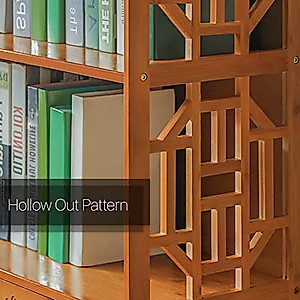 MoNiBloom 4 Tier Bookcase with Storage Cabinet, Bamboo Book Shelves Display Shelf with Carved Door for Home Office Living Room Study Room, Brown