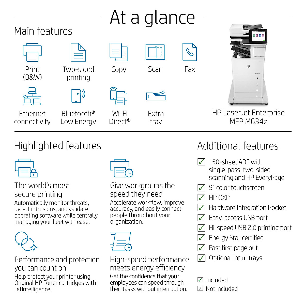 HP LaserJet Enterprise MFP M634z Monochrome All-in-One Printer with built-in Ethernet, 2-sided printing, extra paper trays & 3-bin stapler/stacker (7PS96A)