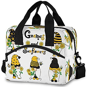 Oarencol Gnomes Sunflower Bee Insulated Lunch Bag Gnemes Florals Reusable Cooler Lunch Tote Box with Shoulder Strap for Work Picnic School Beach