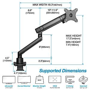 AVLT Single 13"-32" Monitor Arm Desk Mount fits One Flat/Curved/Ultrawide Monitor Full Motion Height Swivel Tilt Rotation Adjustable Monitor Arm - VESA/C-Clamp/Grommet/Cable Management