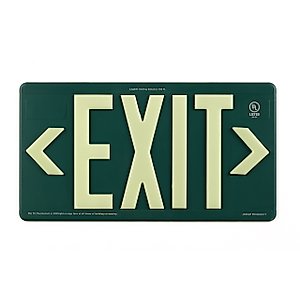 UL924 Listed & Listed for LED lighting 100 foot Jessup Glo Brite Indoor/Outdoor Glow-in-the-dark (Photoluminescent) Single Sided Exit sign with frame, Green, PM100 7080-B (Mounts 4 ways, includes bracket and arrows)