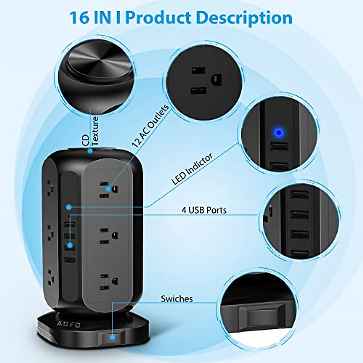 Power Strip Tower AOFO Surge Protector 12 AC Outlets with 4 USB Ports Charging Station with Overload Protection, Widely Spaced Multiple Outlets with 10Ft Long Extension Cord for Home, Dorm & Office