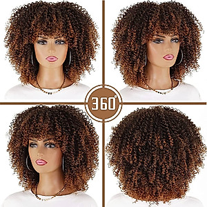 LINGHANG Short Curly Afro Wigs with Bangs for Black Women, Brown Afro Kinky Curly Wigs for Black Women Synthetic Heat Resistant Fluffy Brown Wigs (Ombre Brown)