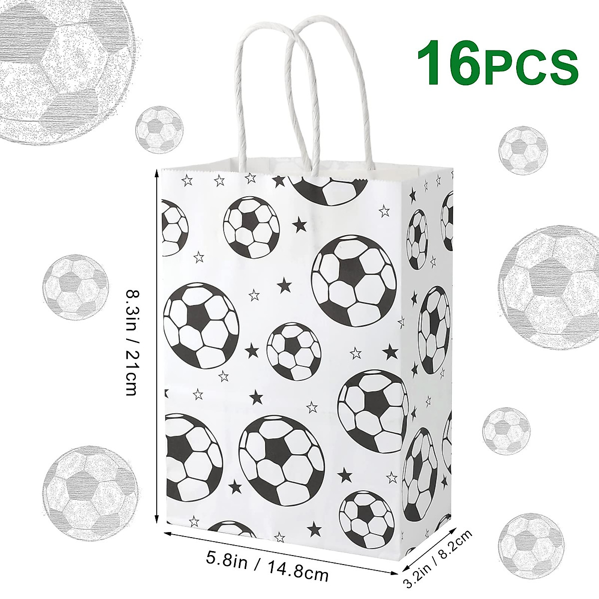 16pcs Soccer Party Favor Paper Bags, White Football Gift Bag Football Themed Party Bags with Handles Soccer Goodie Bags Treat Candy Bags for Kids Adults Soccer Party Supplies