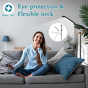 Joymon LED Floor Lamp, Adjustable Gooseneck Standing Lamp with 3 Color Temperature 3000K-6000K and 10-100% Stepless Dimmer, 2 in 1 Modern Desk Reading Lamp for Living Room, Bedroom and Office, Black