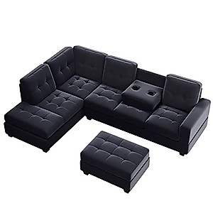 FANYE L-Shaped Oversized Corner Reversible Sectional Sofa Couch W/Chaise & Storage Ottoman,Modern 6 Seaters Velvet Upholstery Sofa&Couch with Cupholders for Home Office Apartment Living Room