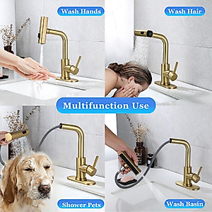TRIPHIL Waterfall Bathroom Faucets with 3 Mode Pull Down Sprayer,Single Handle Modern Bath Sink Faucet with Pop Up Drain and Deck Plate,Brusehd Gold 1 Hole RV, Bar,Restroom,Lavatory,Vanity Tap