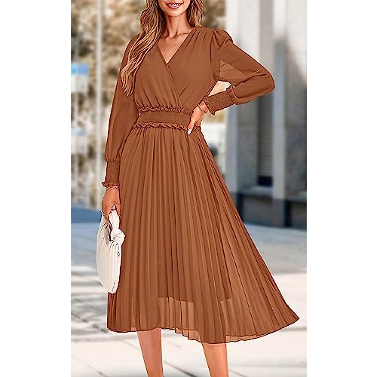 PRETTYGARDEN Wrap V Neck Fall Dresses for Women 2023 Long Sleeve Smocked Wedding Guest Dresses Flowy Pleated Midi Dress (Brown,X-Large)