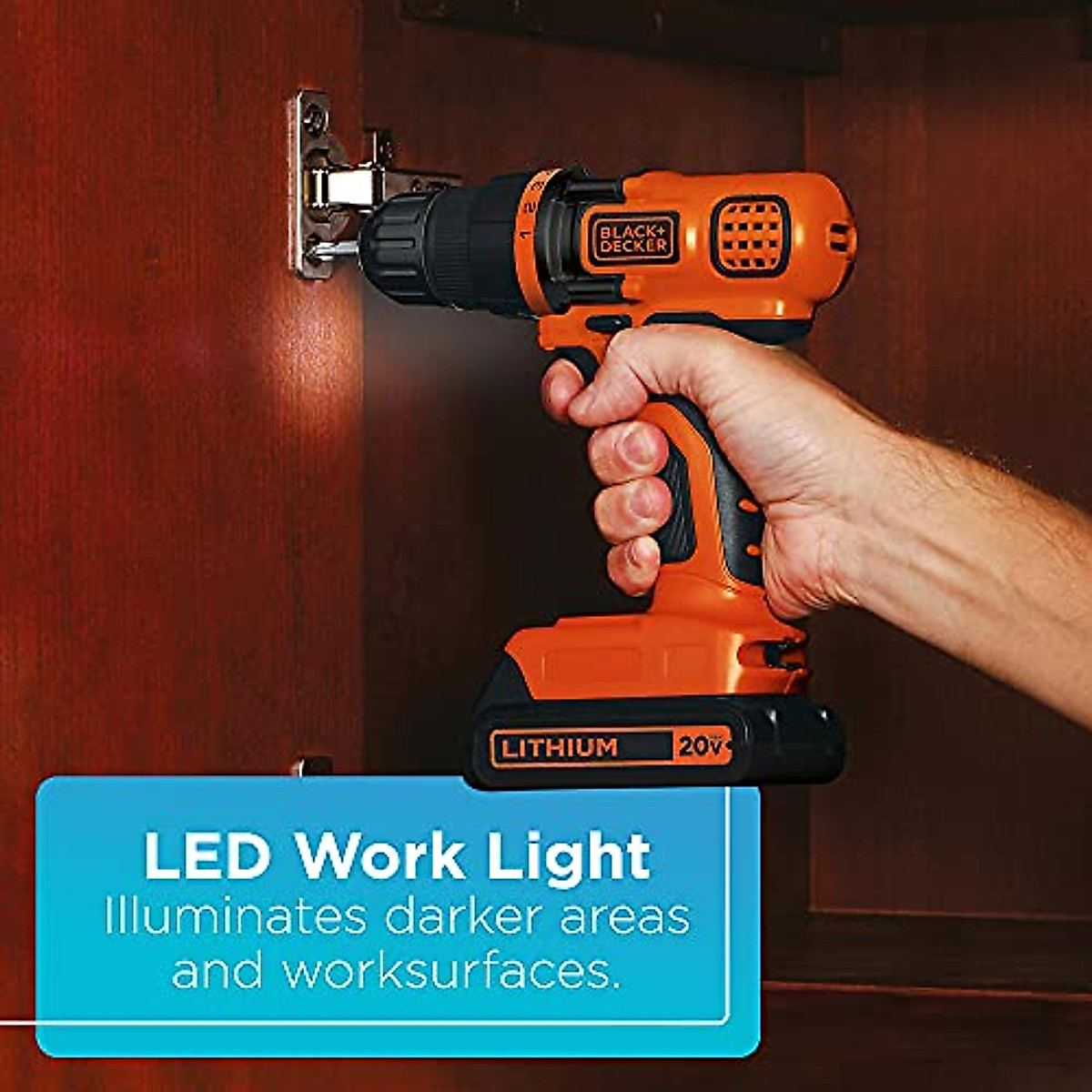 BLACK+DECKER 20V MAX Cordless Drill and Driver, 3/8 Inch, With LED Work Light, Battery and Charger Included (LDX120C)