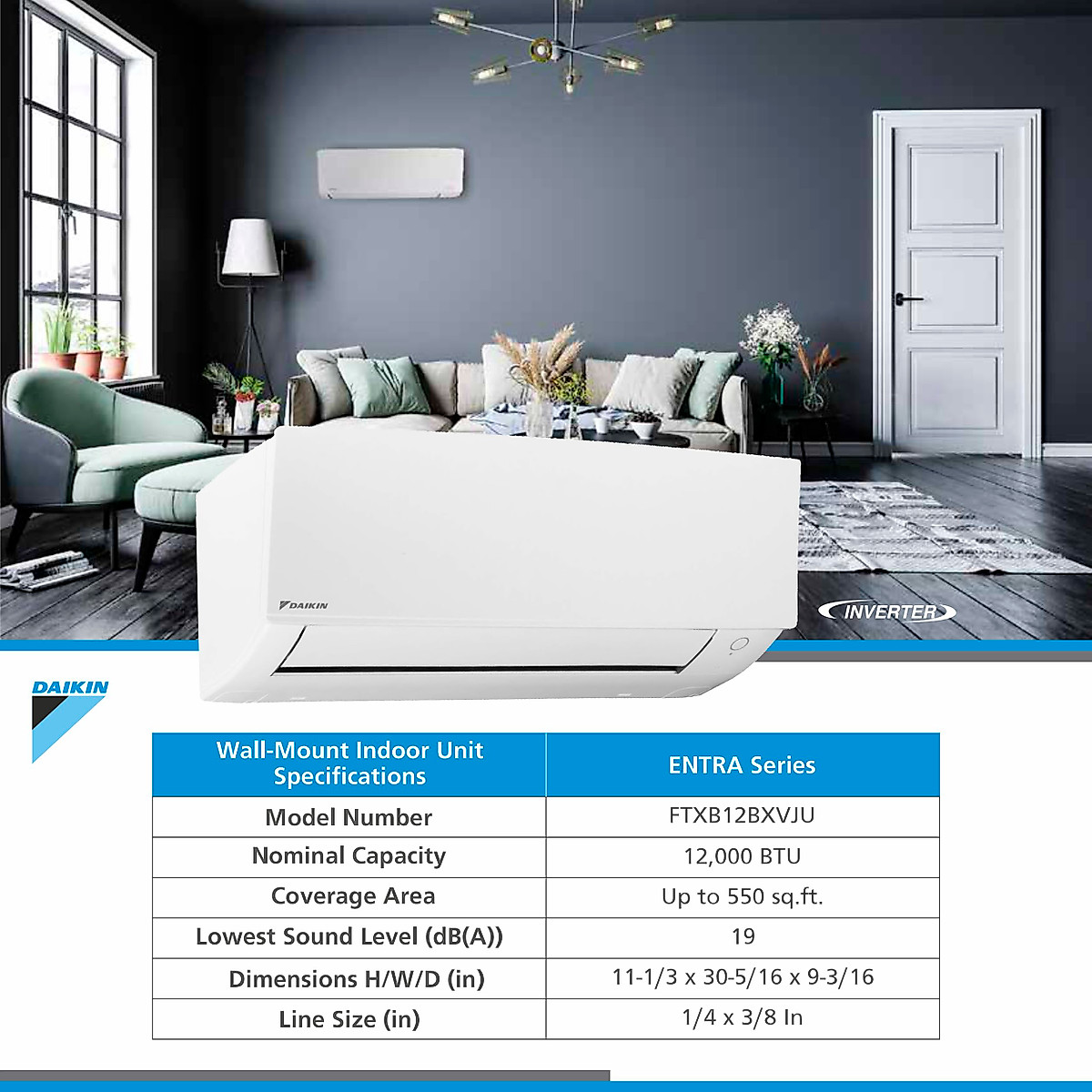 Daikin 12,000 BTU 18 SEER2 Entra Series Ductless Mini Split Heat Pump System w/Maxwell 16’ Installation Kit and Wall Mounting Bracket (230V)