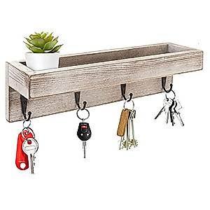 Flyisland Vintage Rustic Wood Wall Mounted Entryway Shelf with 4 Antique Metal Hooks (4 Hooks, Black)