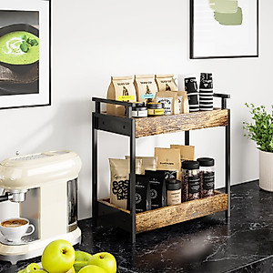 KLM Countertop Coffee Station Organizer, 2 Tier Wooden Shelf for Coffee Bar Accessories, Condiment Storage Caddy for Kitchen, Bathroom Counter Organizer, Home, Office - Brown