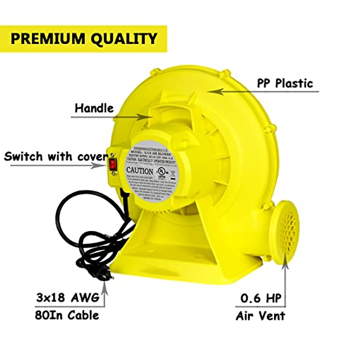 Air Blower, 0.6 Hp Bounce House Blower, 450 Watt Air Blower for Inflatables Bouncy Castle Slide House Jumper (0.6HP/450W)