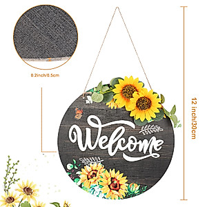 Anpress Welcome Sign for Front Door Round, 12x12inch Sunflower Welcome Sign Farmhouse Porch Decoration Rustic Artificial Sunflower Christmas Decor Wooden Hanging Sign for Home Garden Bedroom
