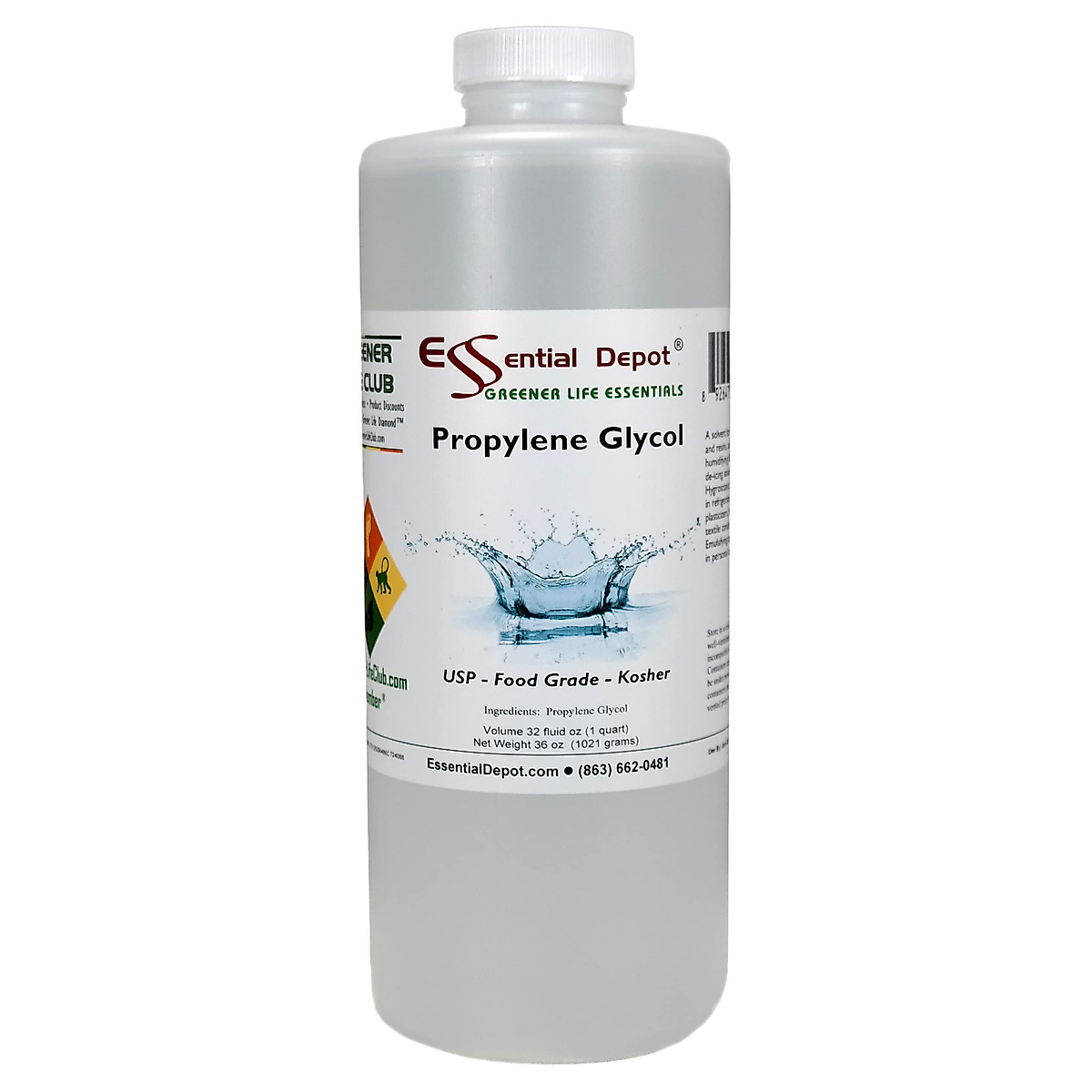 Propylene Glycol - USP - Kosher - Food Grade - USP - Kosher - 36 oz net wt in a 1 Quart Safety Sealed HDPE Container with resealable Cap