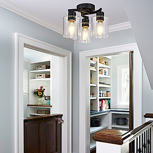 Eatich Flush Mount Ceiling Light, 3-Light Black Ceiling Light Fixture, Kitchen Light Fixtures with Clear Glass Shade, Modern Hallway Light Fixtures Ceiling Mount for Foyer Entryway
