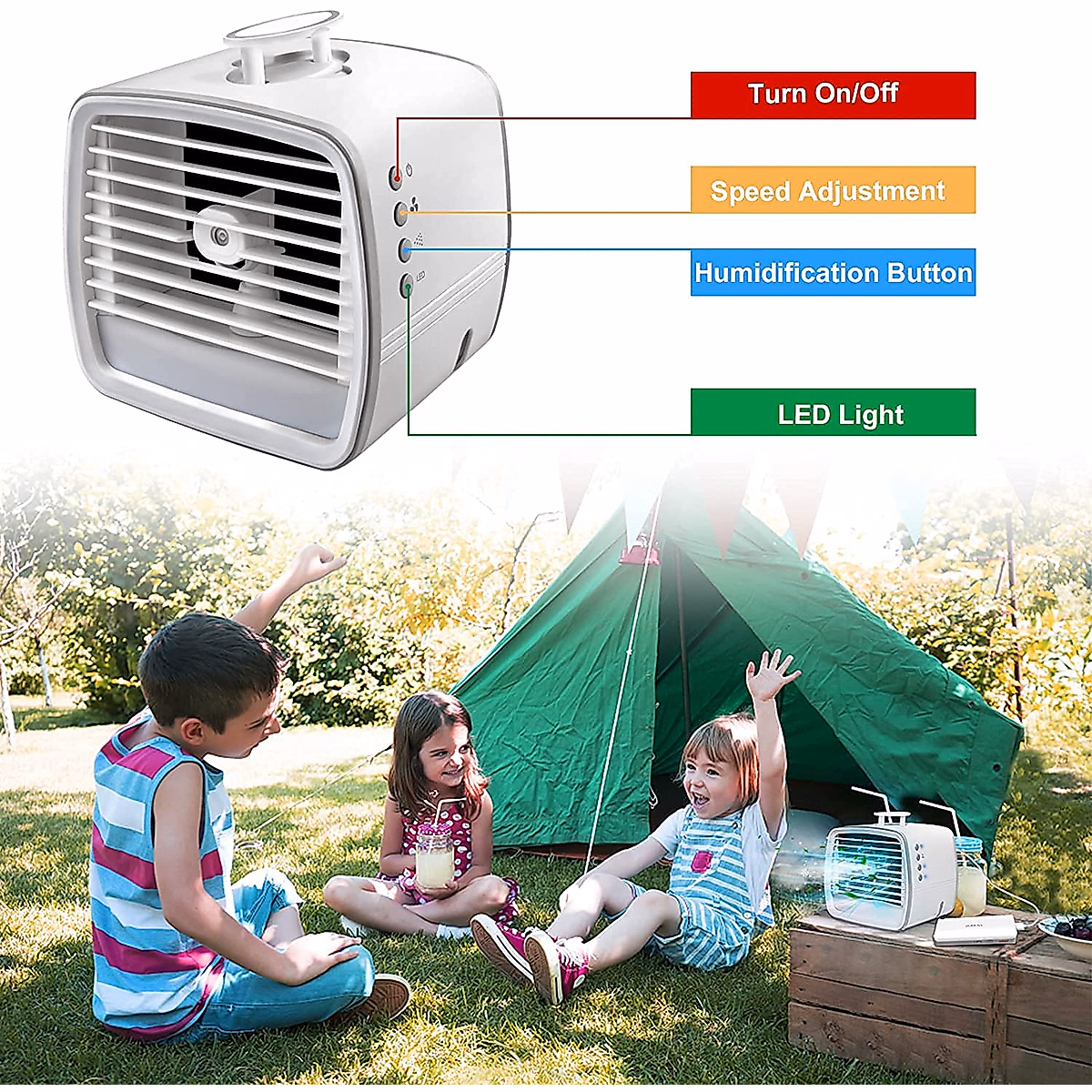 Portable Air Conditioner, Personal Mini Air Cooler Fan, Personal Portable AC Air Conditioner for Office Desk Camping Bedroom Room, Small Air Conditioner with 7 LED Lights, 3 Speeds, 80°Adjustment