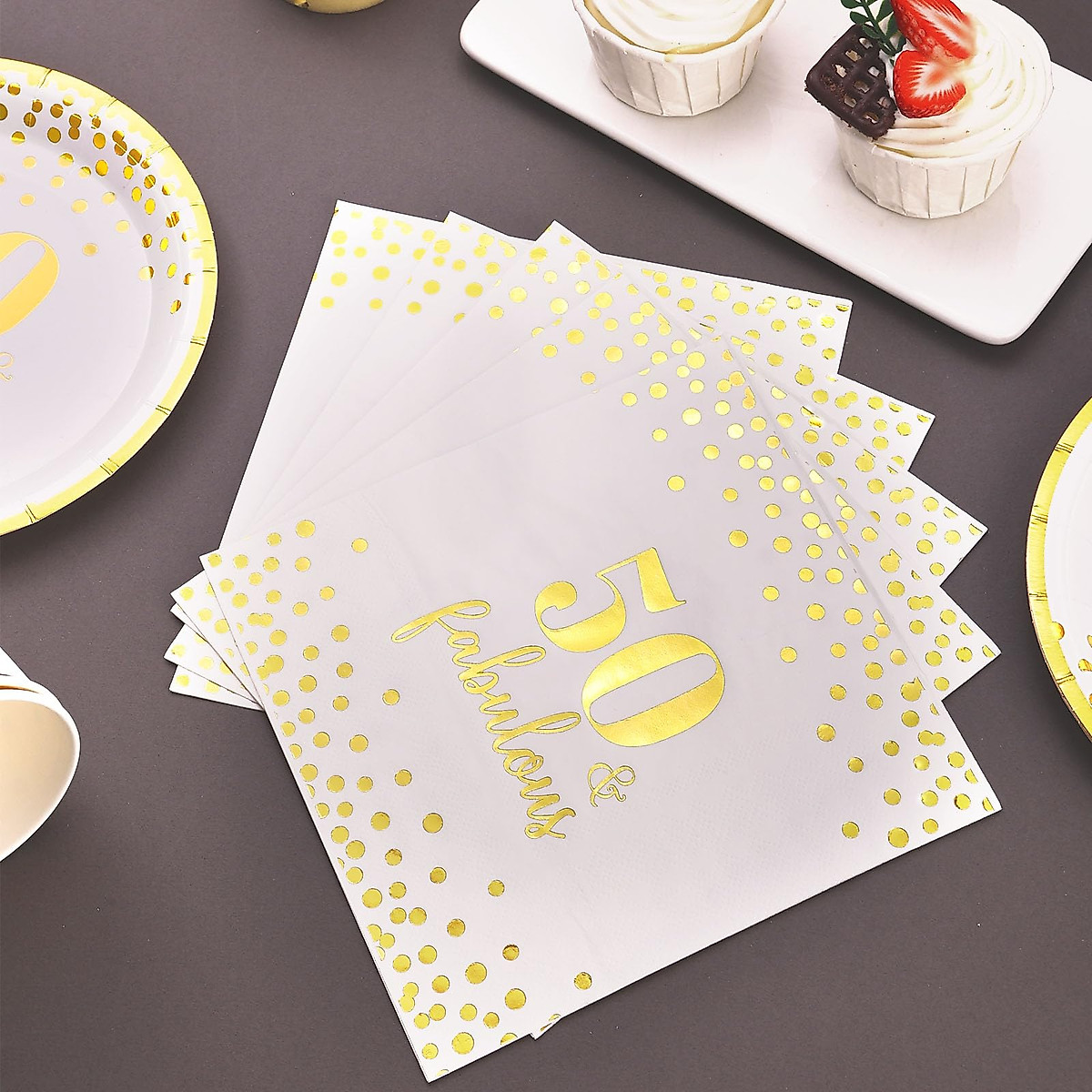 Gudvilla 50th Birthday Decorations for Men Women, 168Pcs 50th Birthday Plates and Napkins Party Supplies, 50 and Fabulous Birthday Plates with Gold Dot Serve 24 Guests, 50th Anniversary Decorations
