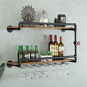 BOTAOYIYI Wine Rack Wall Mounted 2 Tier, Hanging Floating Bar Liquor Shelves with Glass Holder Storage Under, Industrial Rustic Pipe Farmhouse Kitchen Decor Black(35.4x10.6x19.7)