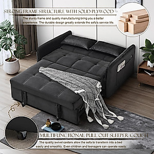 KINFFICT Velvet Pull Out Sleeper Sofa Bed with USB Ports, Convertible Futon Couch with Adjustable Backrest, 3 in 1 Modern Loveseat with 2 Pockets and Pillows, Small Love Seat for Living Room, Black