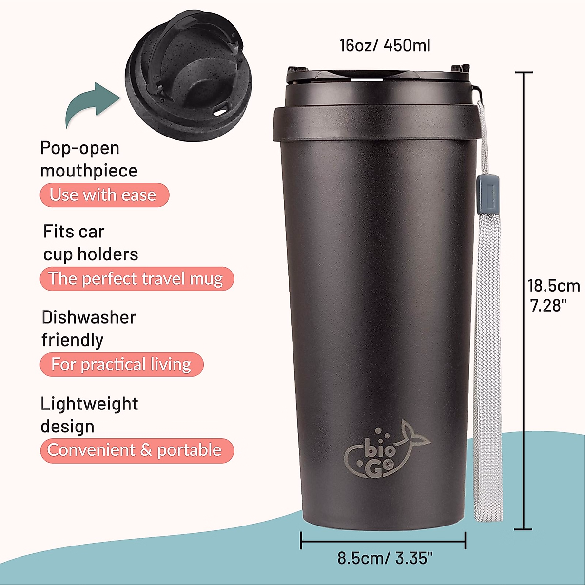 bioGo Cup, Rice Husk Fibre, BPA-Free, Double Wall Insulation Reusable Coffee Cups, On-The-Go Travel Mug, Screw Tight Lid, Textured Grip, Ultra Lightweight (Midnight Black, 16oz)