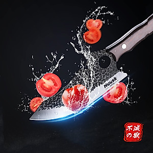 Huusk Japan Knife for Meat Cutting, Caveman Knives for Vegetables Butcher Knife with Full Tang Handle Viking Knife with Opener & Sheath for Kitchen BBQ Camping Outdoor, Christmas Gift