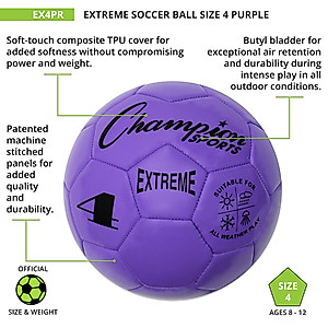Champion Sports Extreme Series Soccer Ball, Size 4 - Youth League, All Weather, Soft Touch, Maximum Air Retention - Kick Balls for Kids 8-12 - Competitive and Recreational Futbol Games, Purple