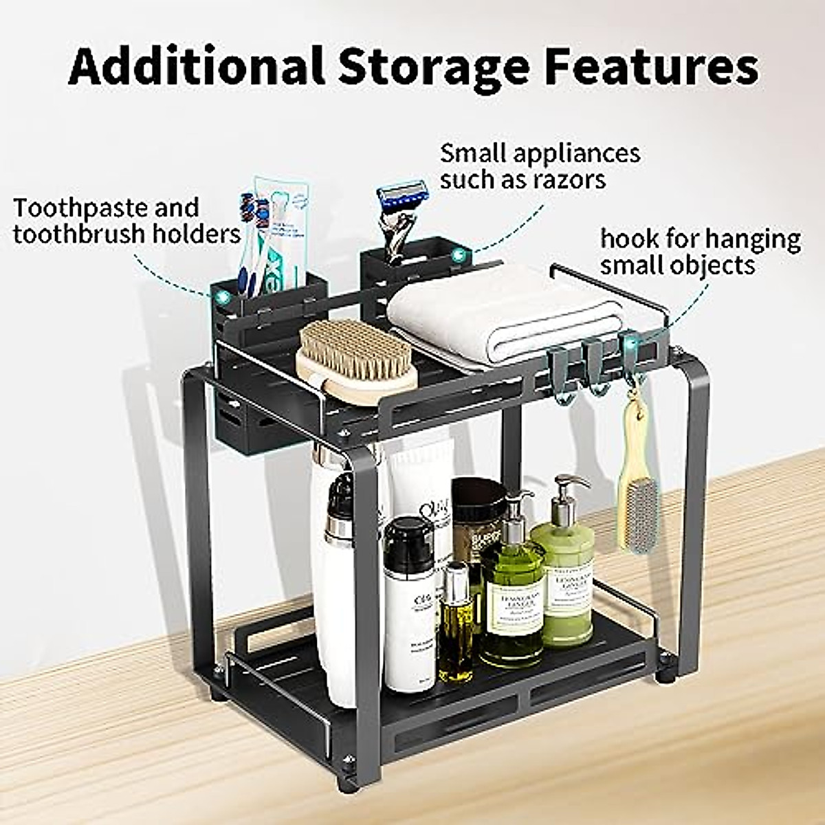 junyuan Large Bathroom Organizer Countertop,2 Tiered Bathroom Organizer Shelves with Toothbrush Holders,Bathroom Counter Storage Rack with Basket and Hooks Metal Black