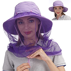 USHAKE Head Net Hat, Safari Hat Sun Hat Bucket Hat with Hidden Net Mesh Light Purple
