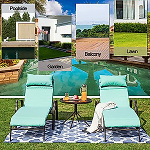 LOKATSE HOME 3 Pieces Outdoor Patio Chaise Lounges Chairs Set Adjustable with Folding Table, Light Blue Cushions