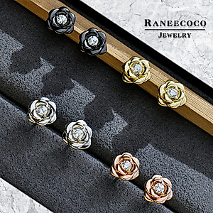 Black Gold Plated Sterling Silver Rose Flower Earring Studs, Hypoallergenic & Nickel Free Earrings for Women