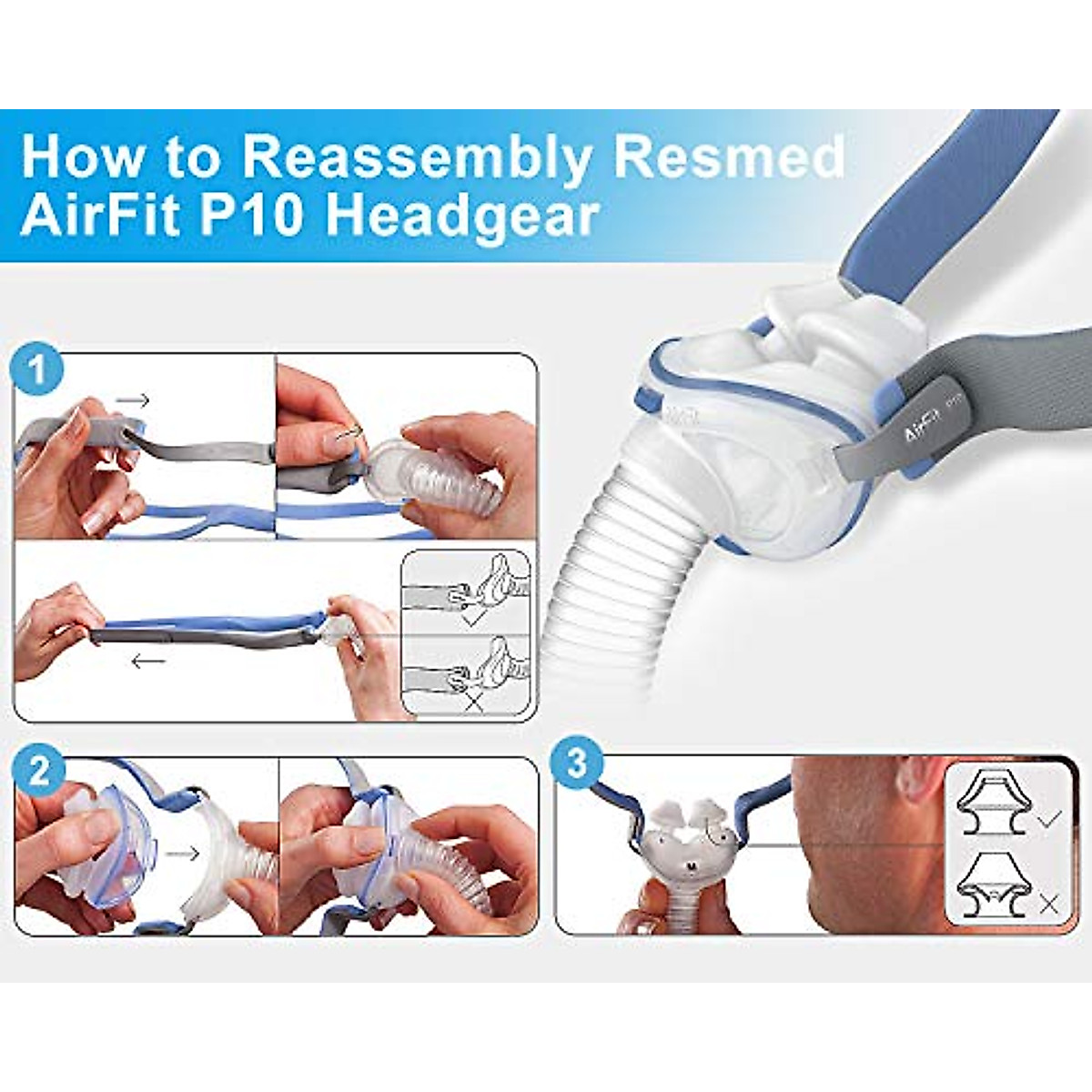 Replacement Headgear Compatible with ResMed Airfit P10 Nasal Pillow Mask Straps Included 3 Super Elastic Straps and 6 Adjustment Clips(3 Pack)
