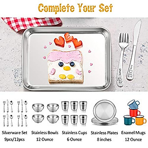 E-far Stainless Steel Kids Plates, 4 Pieces Mini Metal Dinner Dish Set for Kids Toddler Child, 7.3” x 5.3” x 0.75”, Non-Toxic & & Dishwasher Safe, Great for Self-Feeding/Picnic/Outdoor Camping