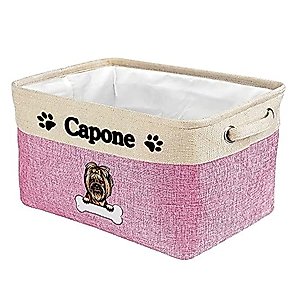 MALIHONG Personalized Foldable Storage Basket with Lovely Dog Yorkie Collapsible Sturdy Fabric Bone Pet Toys Storage Bin Cube with Handles for Organizing Shelf Home Closet, Pink and White