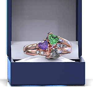 Personalized Mothers Rings with 3 Simulated Birthstones for Women Engraved Family Name Rings for Grandmother Mother Anniversary Rings (Rose Gold, 7)