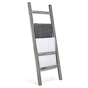 MyGift Rustic Gray Wood Farmahouse Blanket Ladder with 5 Rungs, Decorative Wall Leaning Bathroom Towel Ladder Rack