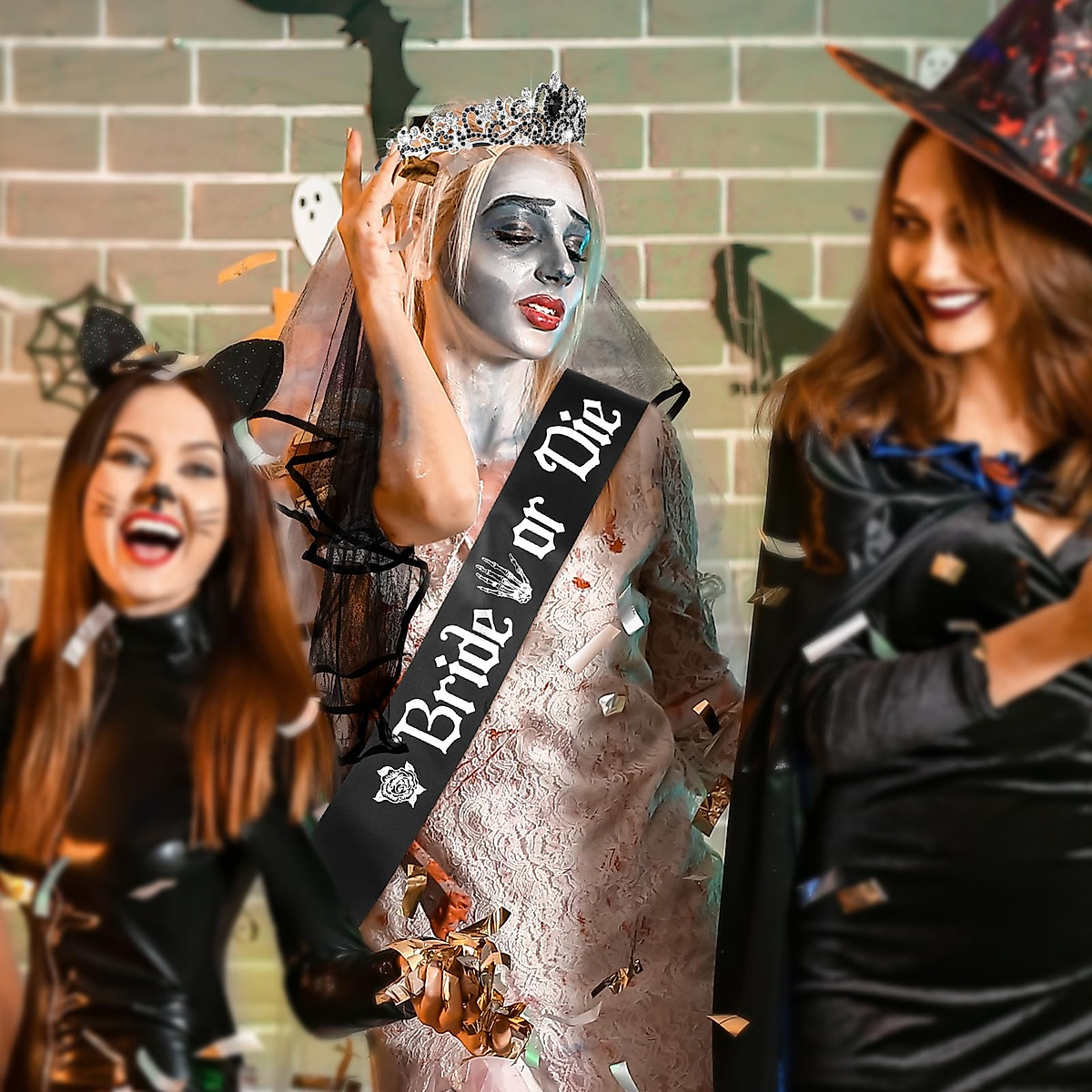 Crowye 3 Pcs Black Bride Veil Bride or Die Sash Bachelorette Party Decorations Crystal Bride Tiara Bride Crown Skull Wedding Veil with Comb Wedding Day Accessories Bridal Shower Decoration