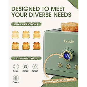 2 Slice Toaster, Retro Bread Toaster with LED Display, Extra Wide Slots Toasters with 6 Bread Shade Settings, Bagel, Cancel, Defrost Function, Stainless Steel with High Lift Lever, Removal Crumb Tray