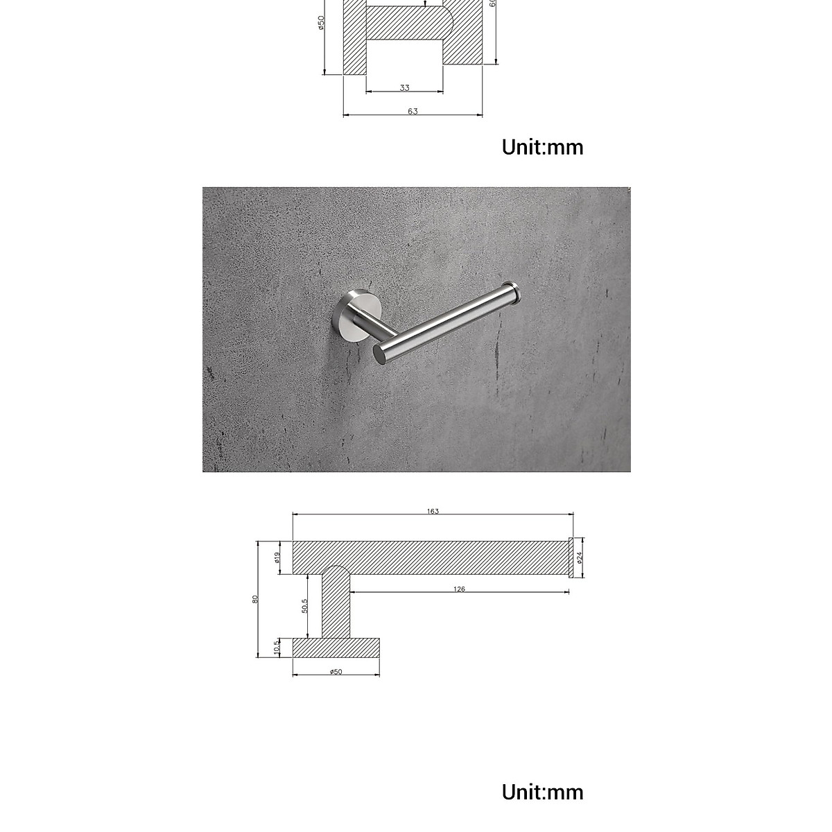 Bathroom Hardware Set Accessories Kit Brushed Stainless Steel Round Wall Rack Hand Bar Toilet Roll Paper Holder Robe Towel Hook,BG,Towel bar,60cm