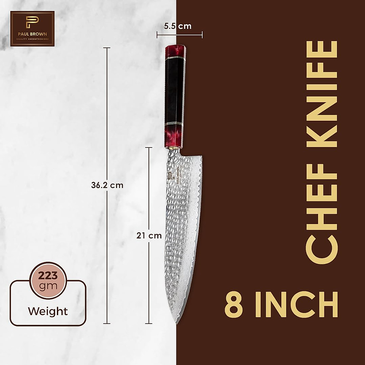 Paul Brown's™ 8 Inch Chef Knife 9Cr18COMOV 67 Layers Damascus Steel Resin Handle Chef Knife with Pine wood Gift box and Leather Sheath